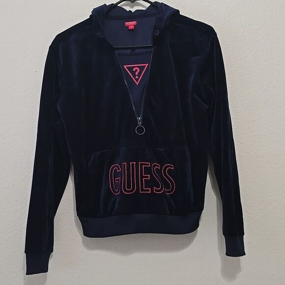 Guess | Tops | Guessy2k Navy Blue Velvet Hoodie Sweatshirt Track Suit ...